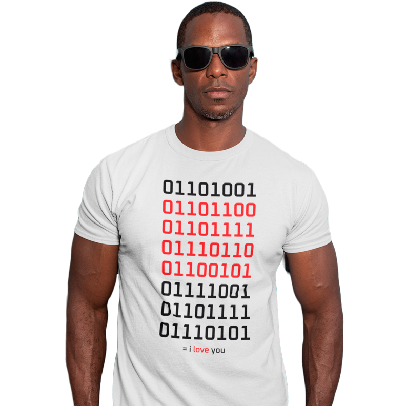 T-Shirt Quality I Love You Binário Masculina em Estilo de TI