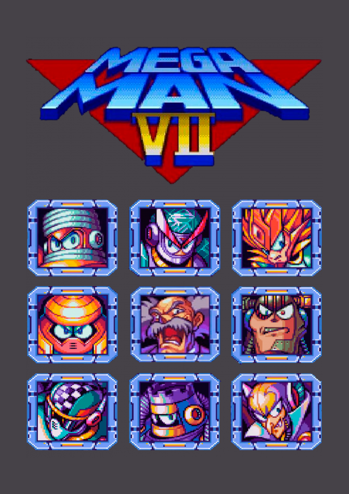 T-Shirt Estonada Megaman 7 Robot Masters em shinobi